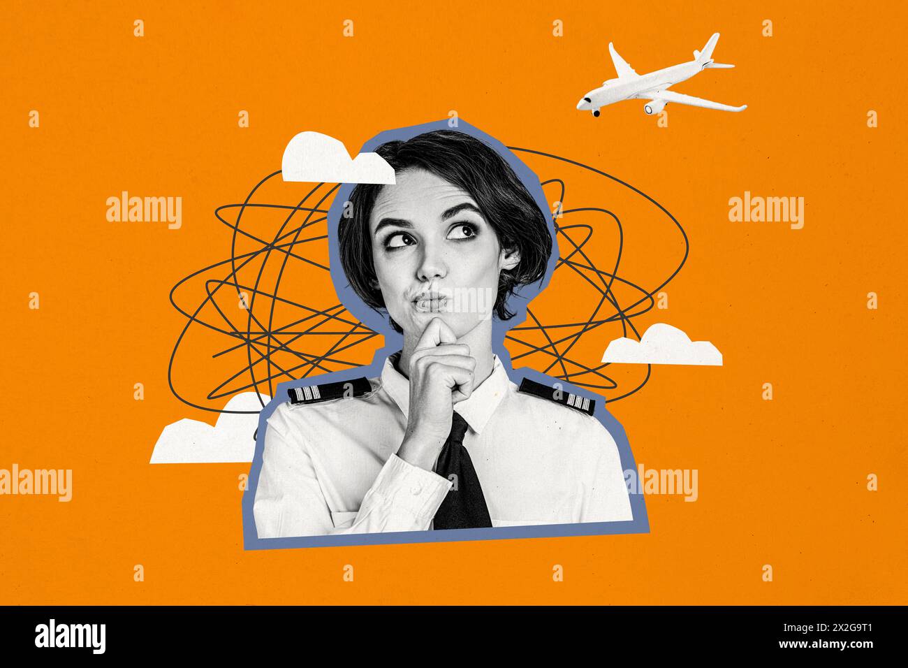 Composite photo collage of thoughtful girl pilot think aircraft fly ...