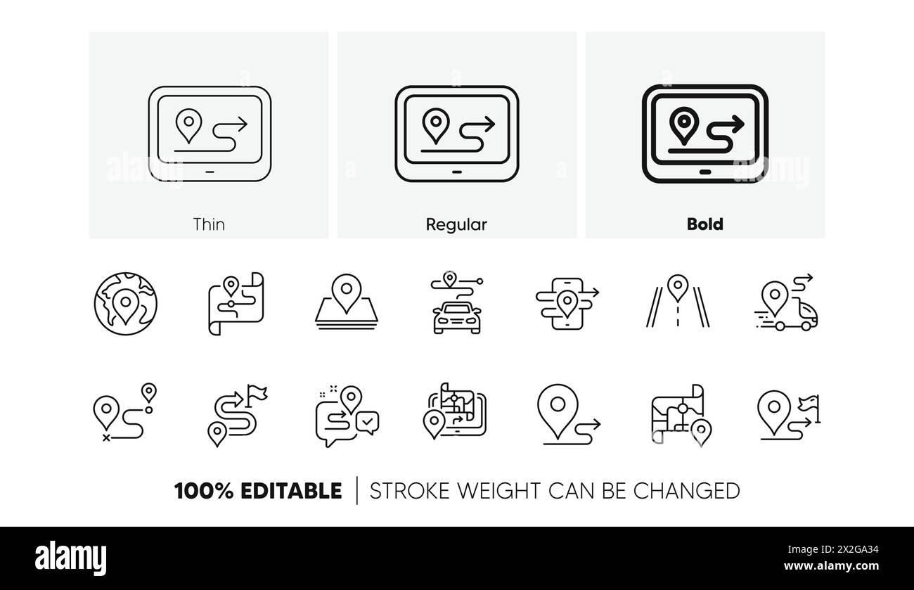 Road map line icons. Journey path, Route map and Trip distance icons. Line icons. Vector Stock ...
