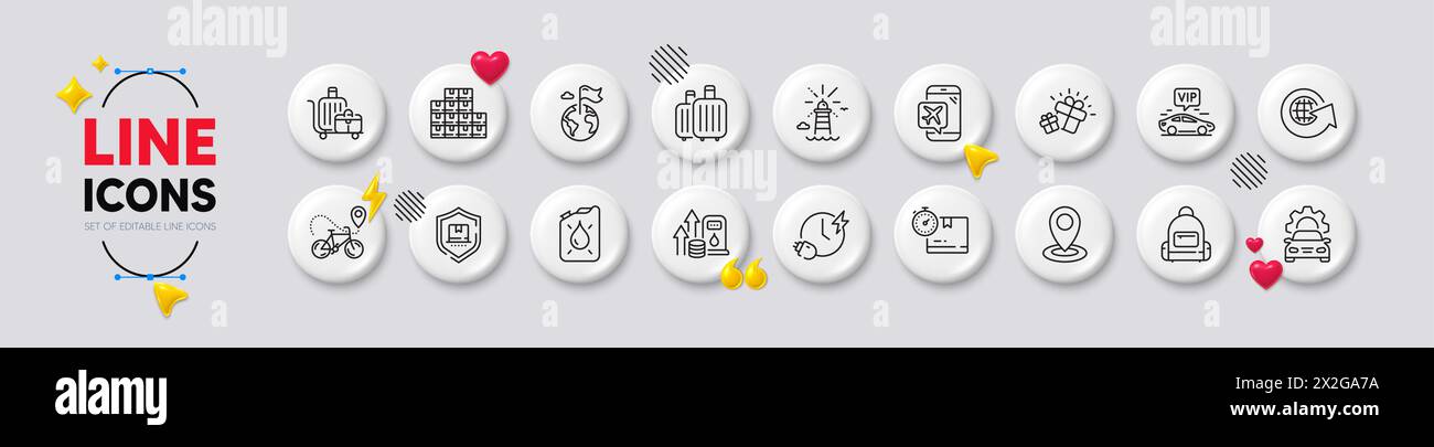 World globe, Backpack and Flight mode line icons. For web app, printing. White buttons 3d icons ...
