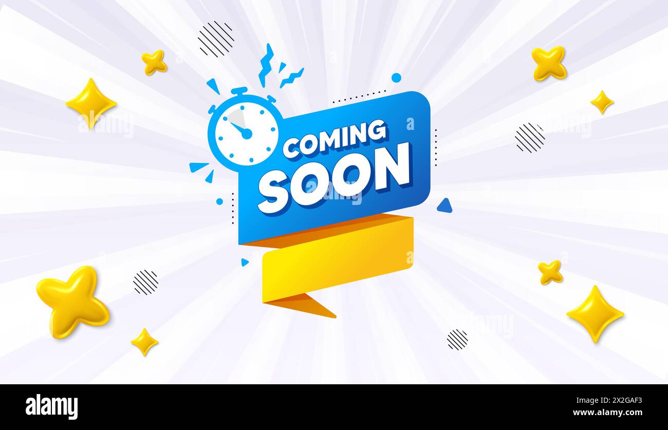 Coming soon paper banner. Timer announcement tag. Offer sunburst ray ...