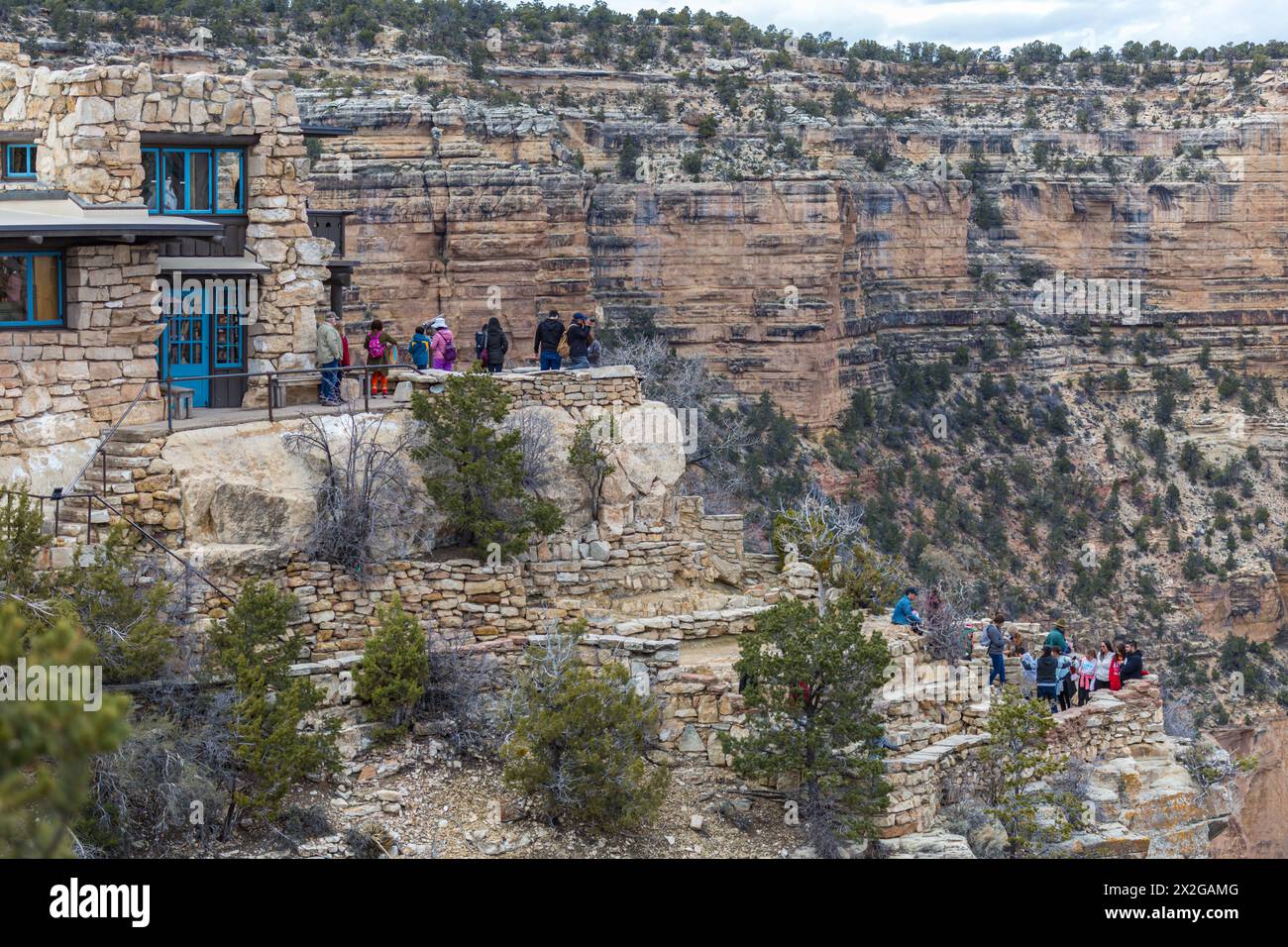 Tourists on Lookout Studio terraces in Grand Canyon Village at the ...