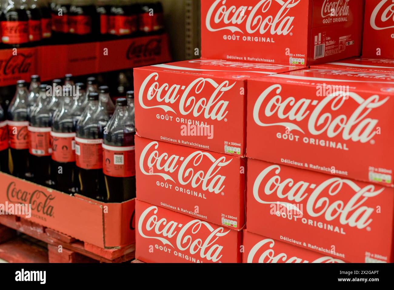 Melun - France - 20th April 2024: view of a display of coca cola ...