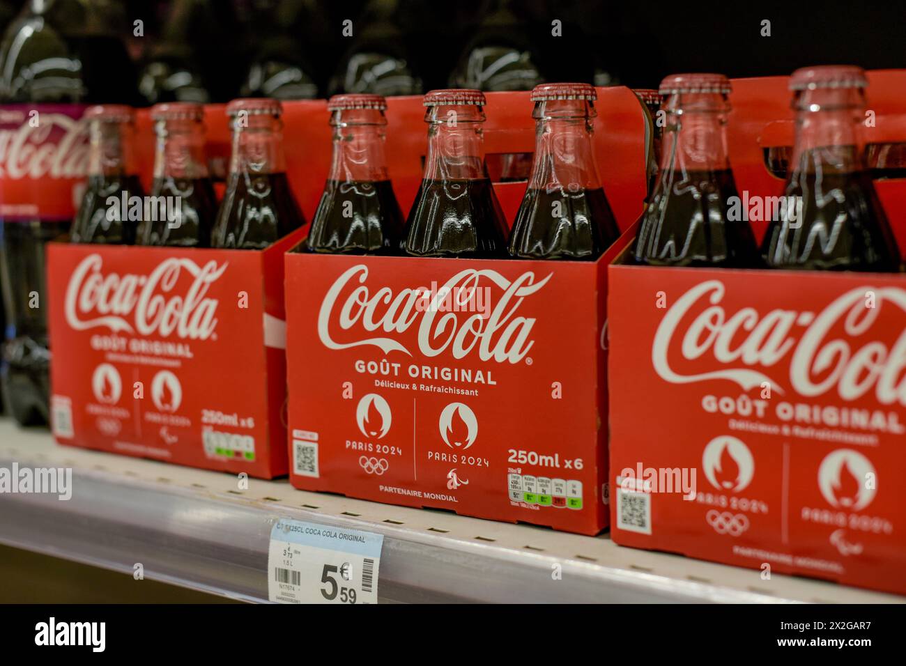 Melun - France - 20th April 2024: view of a display of coca cola ...