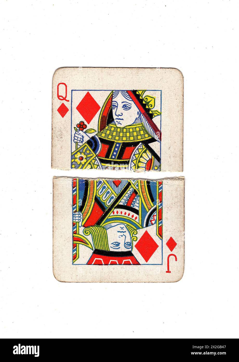 Torn halves of vintage playing cards showing a queen and jack of ...