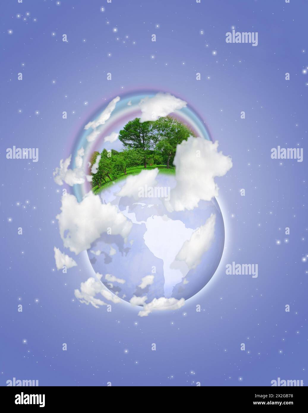 globe with trees, grass and rainbow on blue sky with moon collage Stock ...