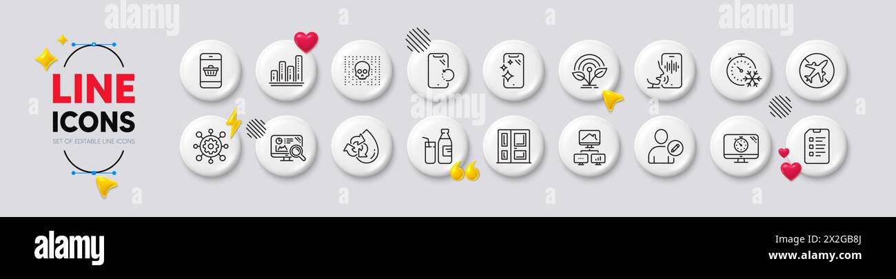 Milk, Smartphone recovery and Airplane mode line icons. For web app, printing. White buttons 3d ...