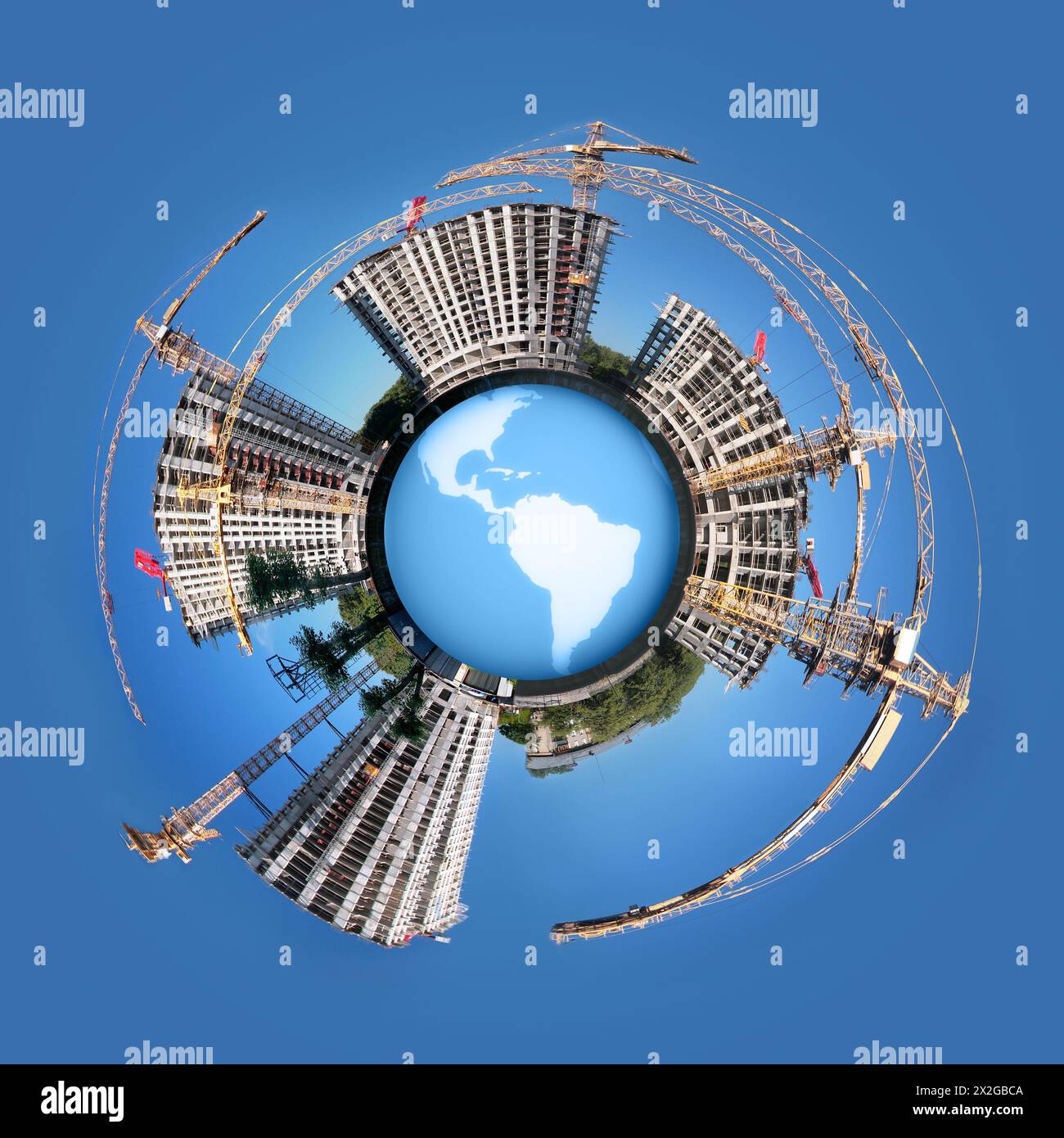 circle Panorama of building of an housing estate on globe Earth collage ...