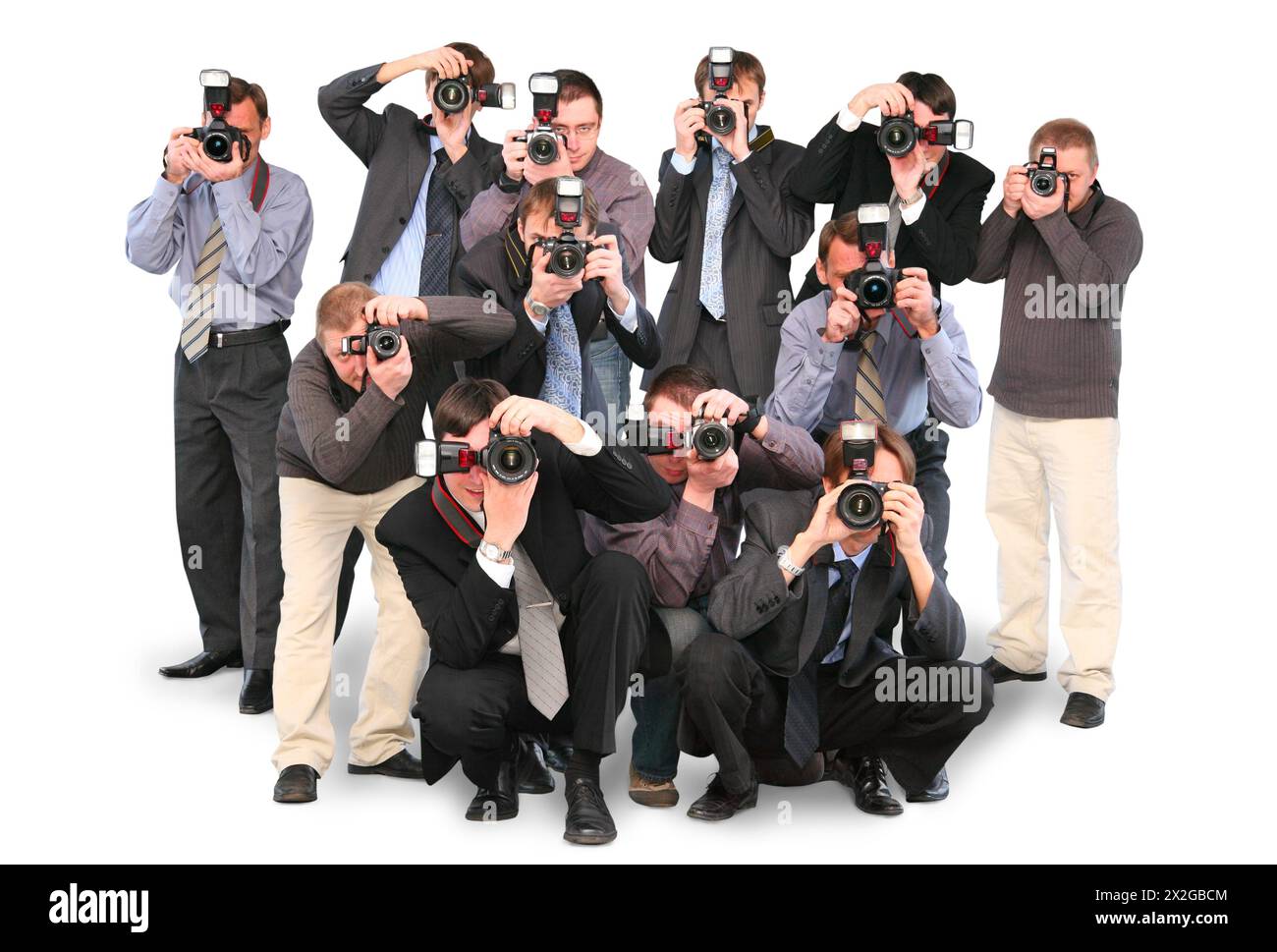 many photographers paparazzi double twelve group with cameras isolated ...