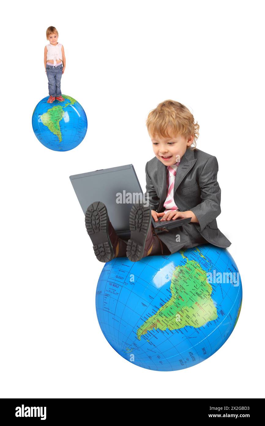 computer boy on big inflatable globe and little girl on globe collage ...