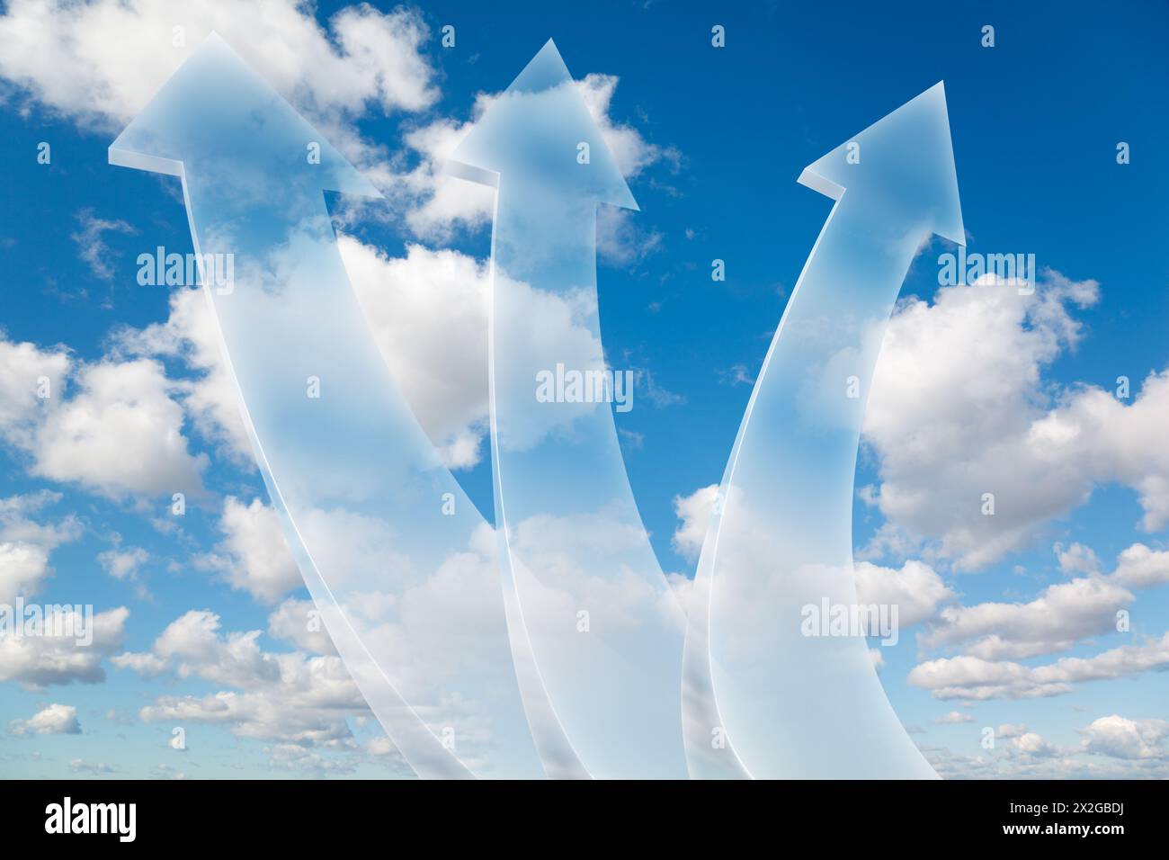 three transparent arrows on White, fluffy clouds in blue sky collage ...