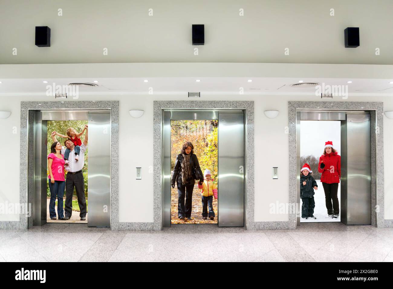 summer autumn winter family in Three elevator doors in corridor of ...