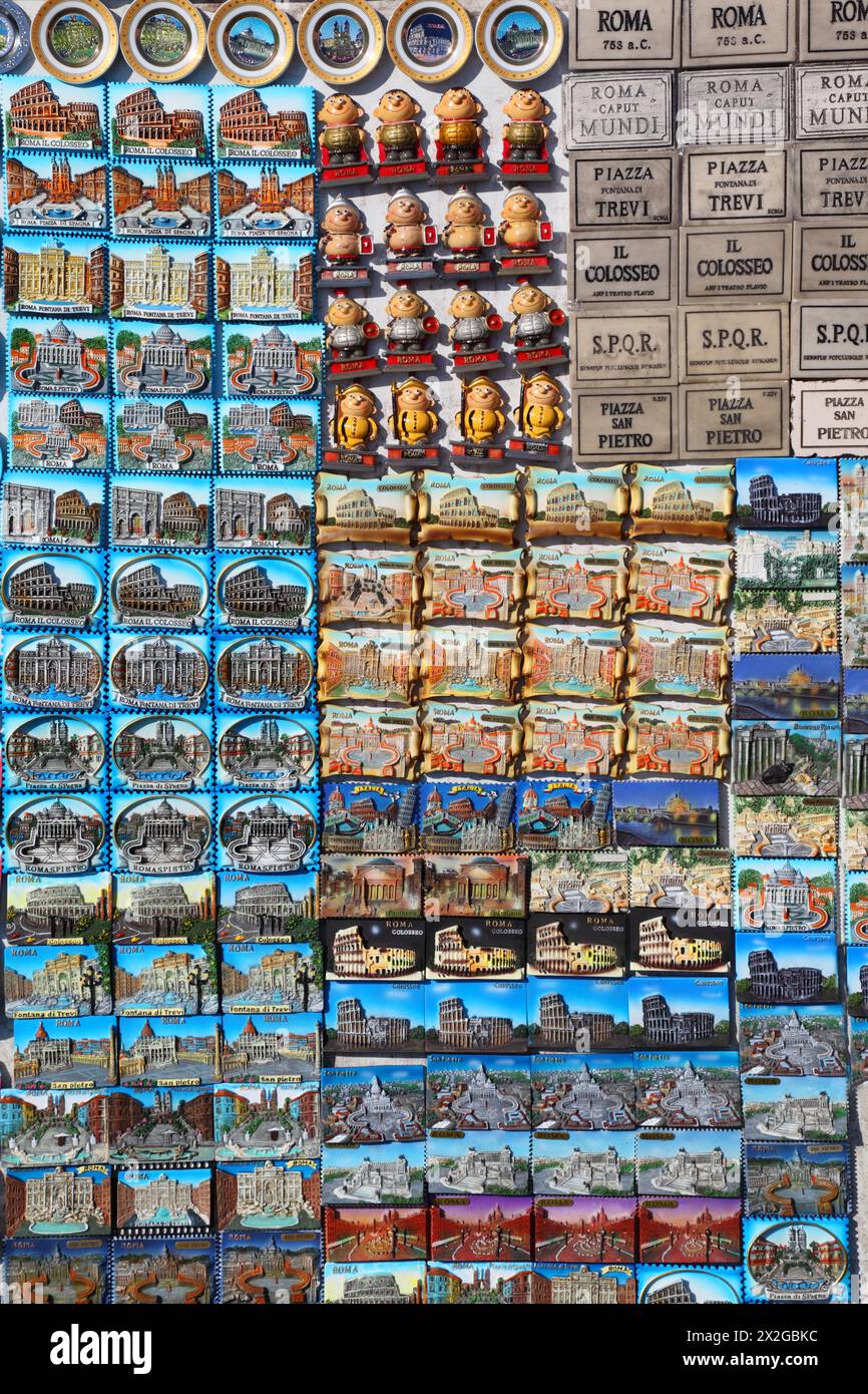 Few rows of magnet souvenirs from Rome: Colosseo, Piazza san Petro and ...