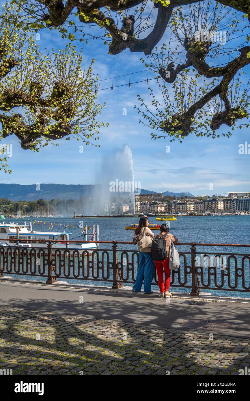 Geneva, Switzerland - April 4, 2024: Female tourists at Lake Geneva ...