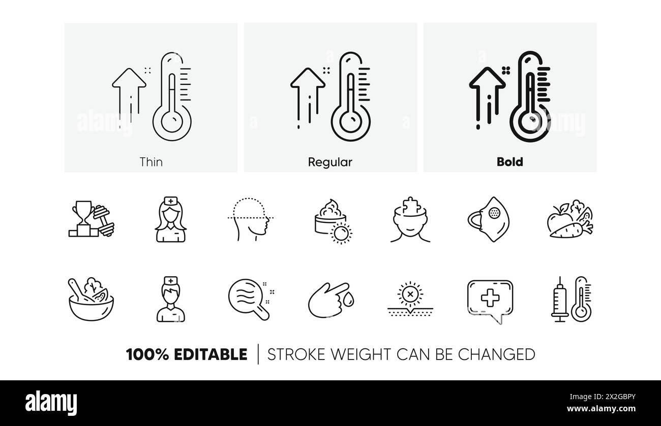 Thermometer, Sun cream and Medical mask line icons. For web app, printing. Line icons. Vector ...