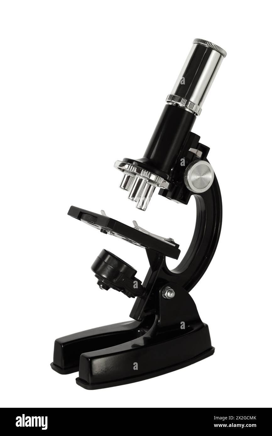 Black scientific modern microscope side view isolated on white ...