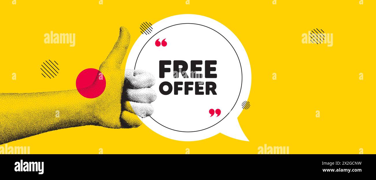 Free offer tag. Special offer sign. Hand showing thumb up like. Vector ...