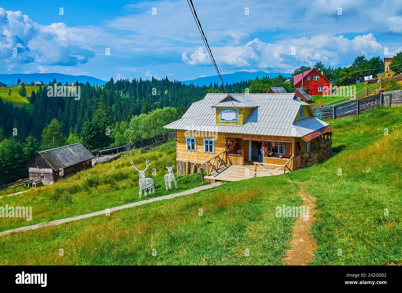 The small wooden Hutsul house on the slope against the conifer forest ...