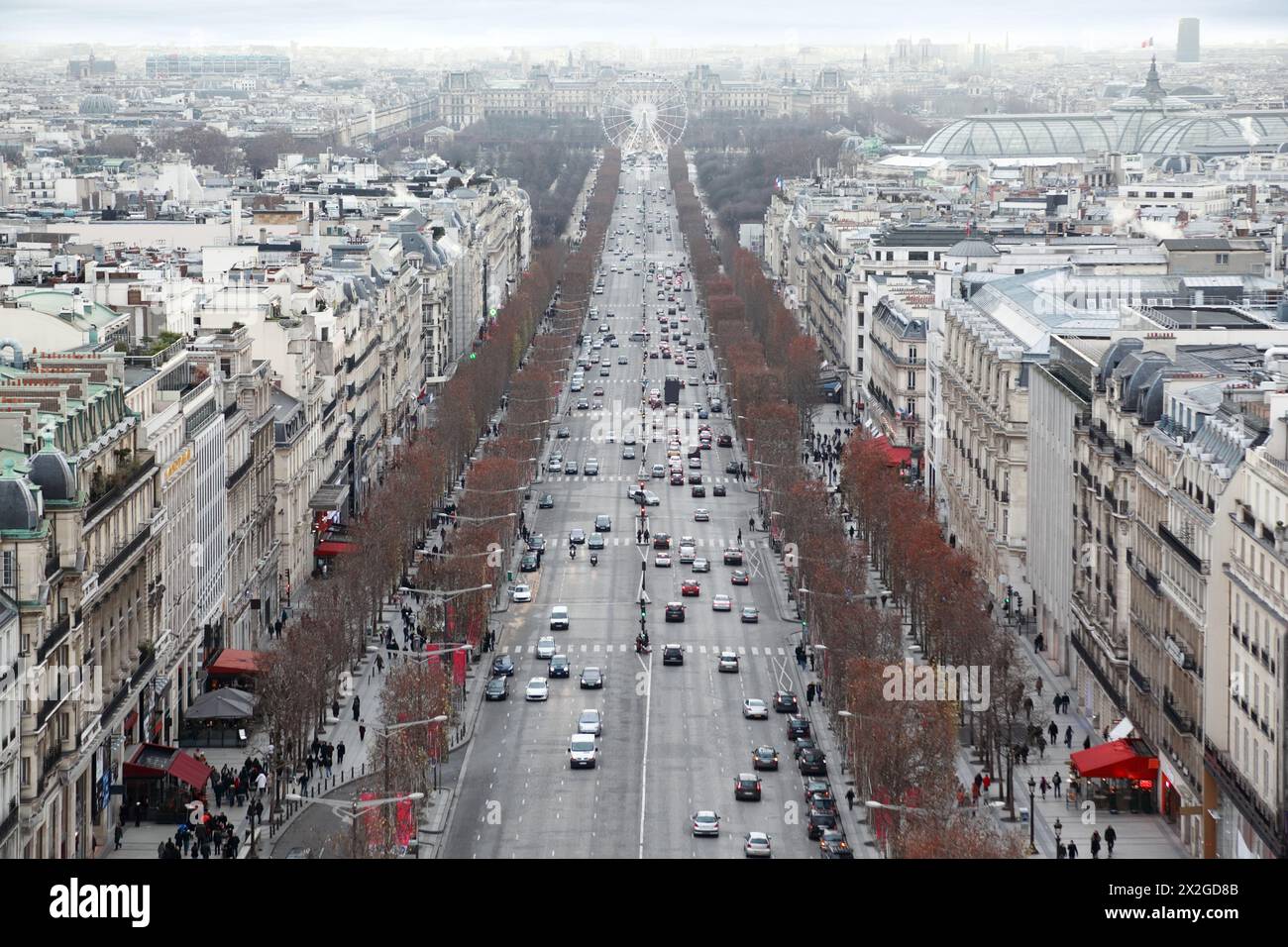 beautiful panorama from Arc de Triomphe, Champs-Elysees in Paris, France, Ferris wheel Stock ...