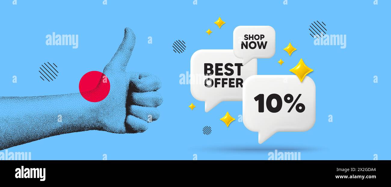 10 percent off sale. Discount offer price sign. Hand showing thumb up ...
