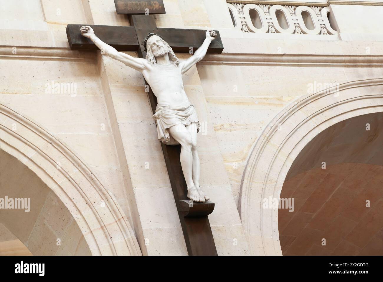 crucifixion of Christ hanging on pillar in temple, on head crown of ...