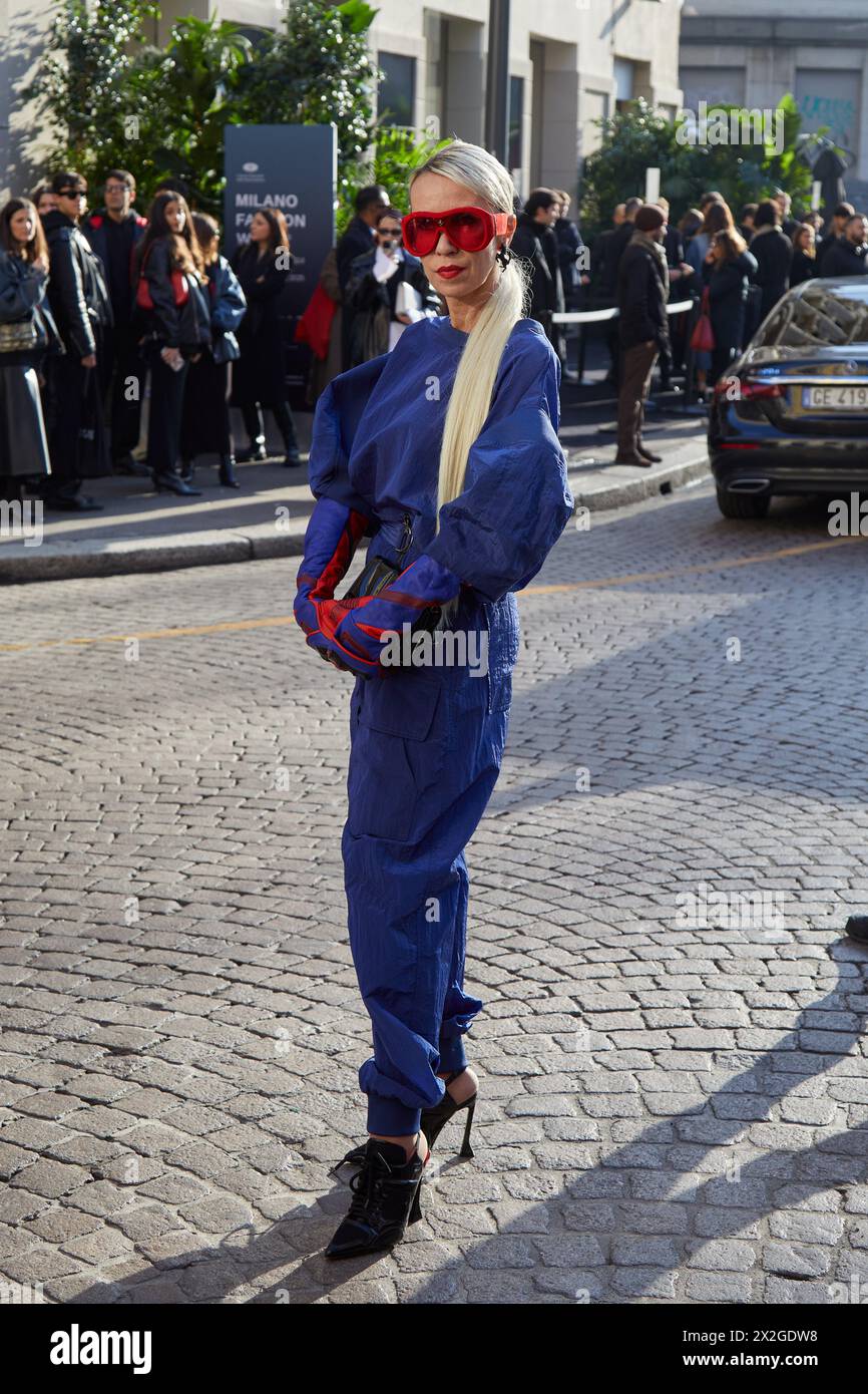 MILAN, ITALY - FEBRUARY 24 , 2024: Denisa Palsha with blue suit and red ...