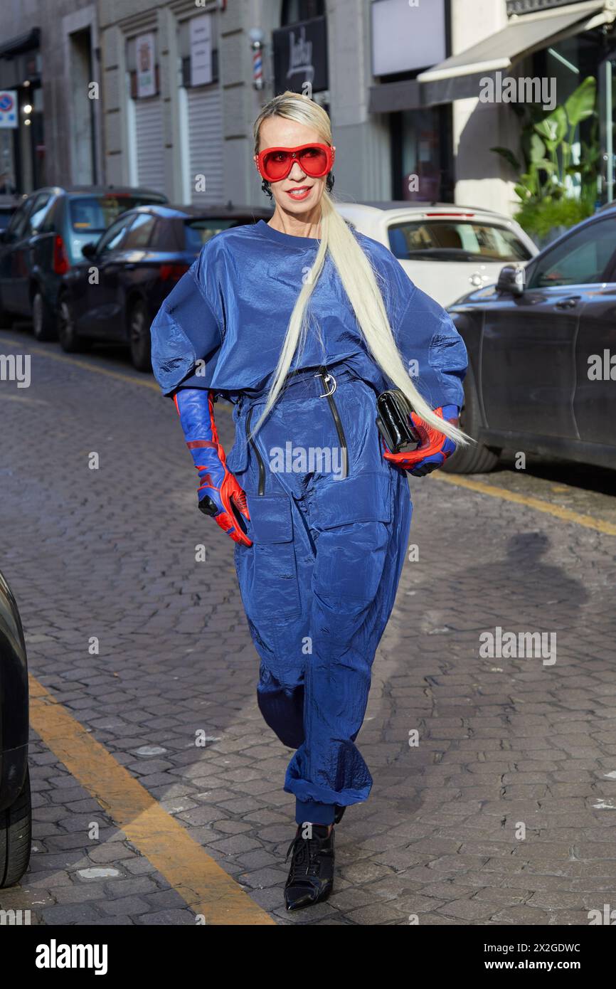 MILAN, ITALY - FEBRUARY 24 , 2024: Denisa Palsha with blue overalls and ...