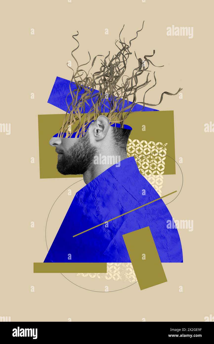 Vertical photo collage of headless man half face stand profile strange ...