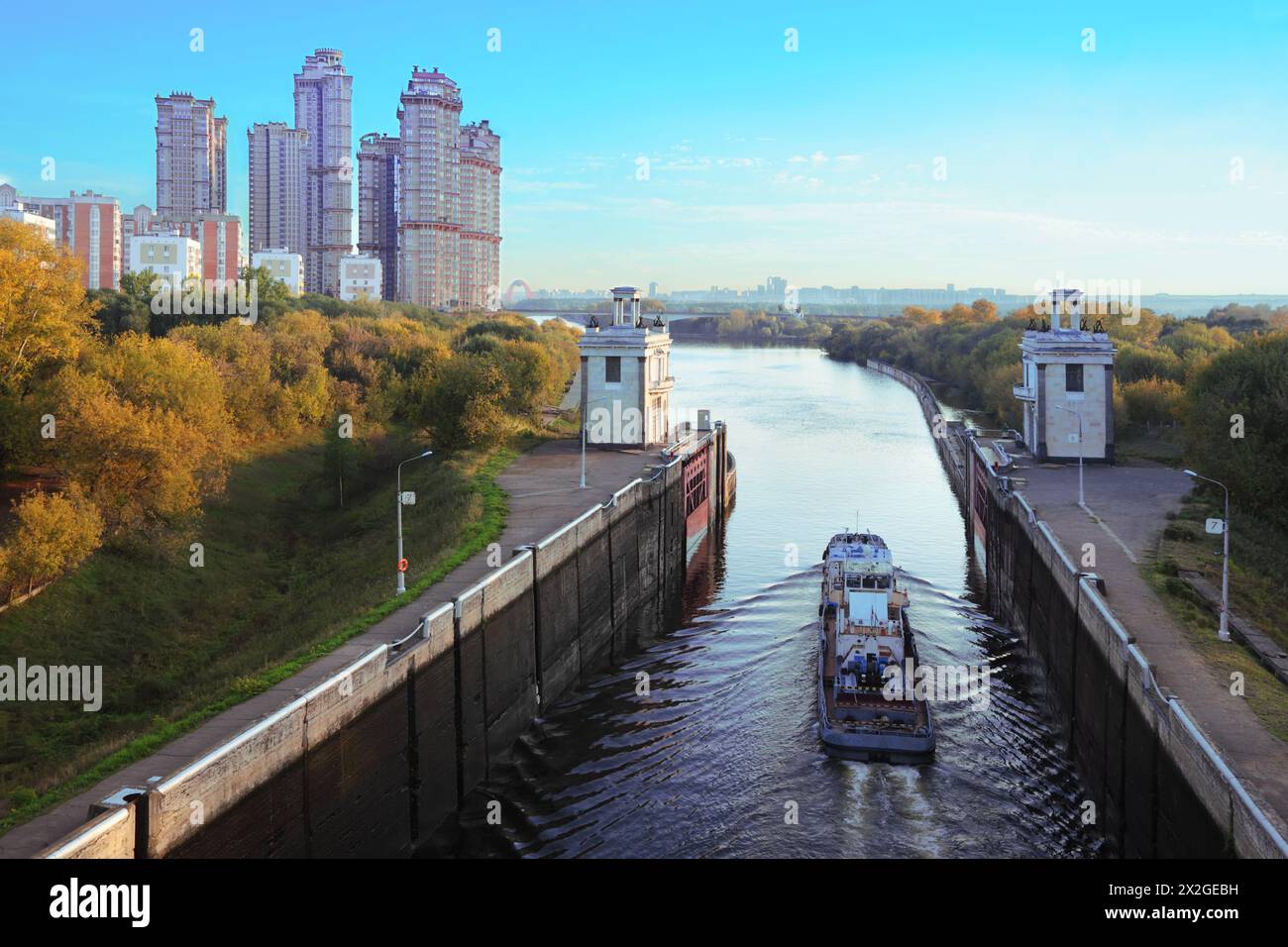 Ship floats through gate of sluice number 8 along Moscow Canal in ...