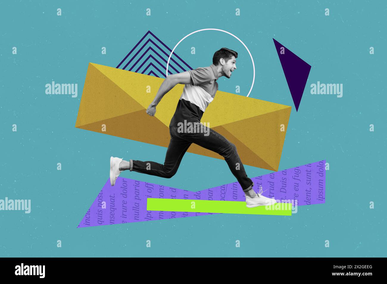 Creative image collage young energetic running excited man carry letter ...