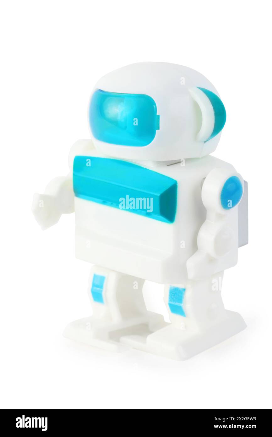 funny toy clockwork wihite-blue anthropomorphic robot on white ...