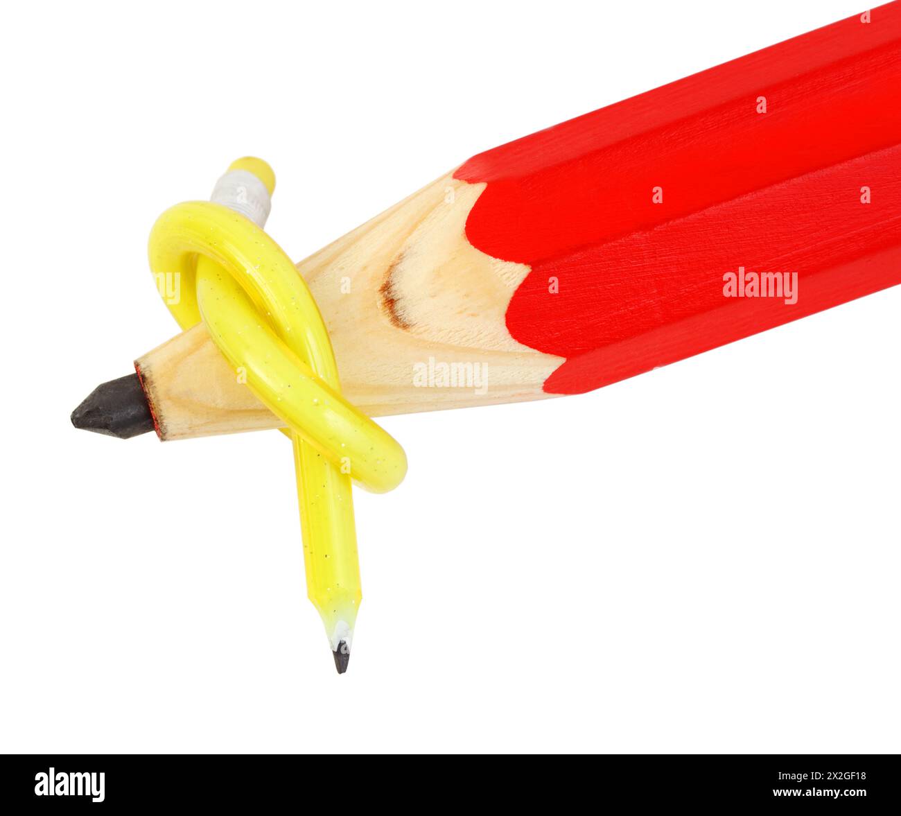 flexible yellow pencil and big wooden red pencil on white background ...