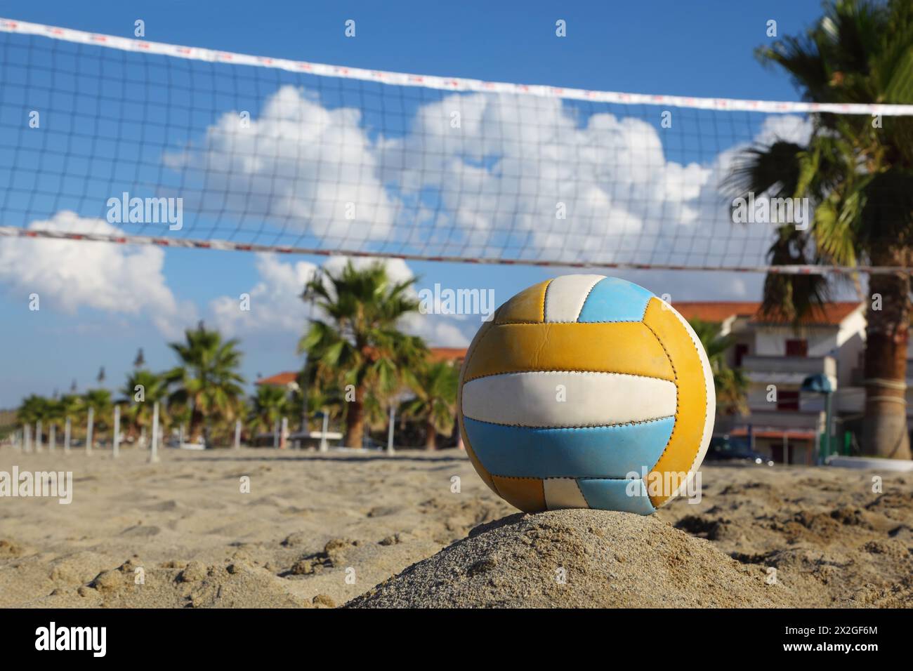volleyball net, volleyball on beach and palm trees. focus on ball Stock ...