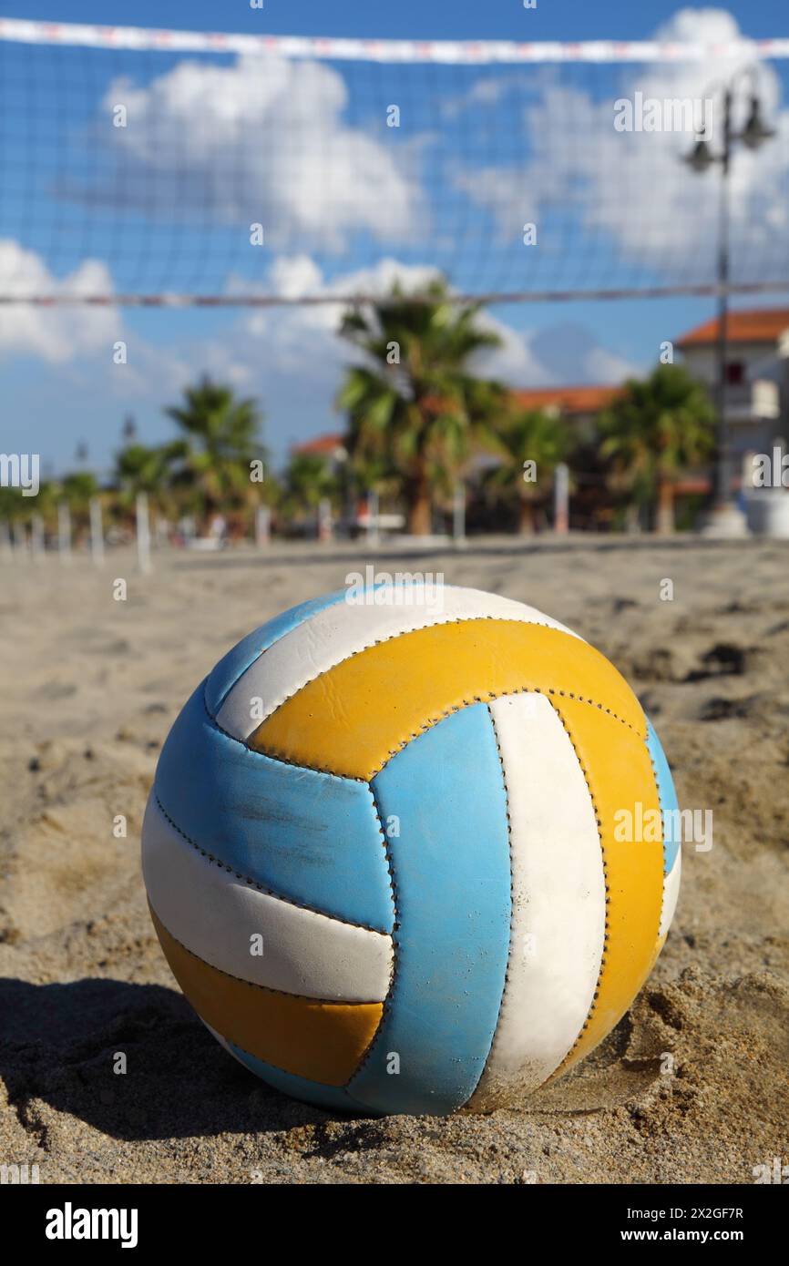 volleyball net, volleyball on beach and palm trees. focus on ball Stock ...