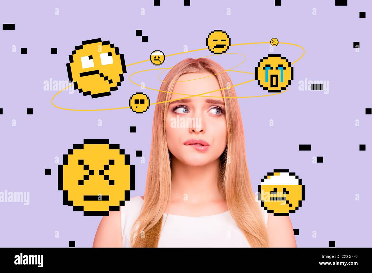 Composite photo collage of sad depressed blonde girl melancholy stress ...