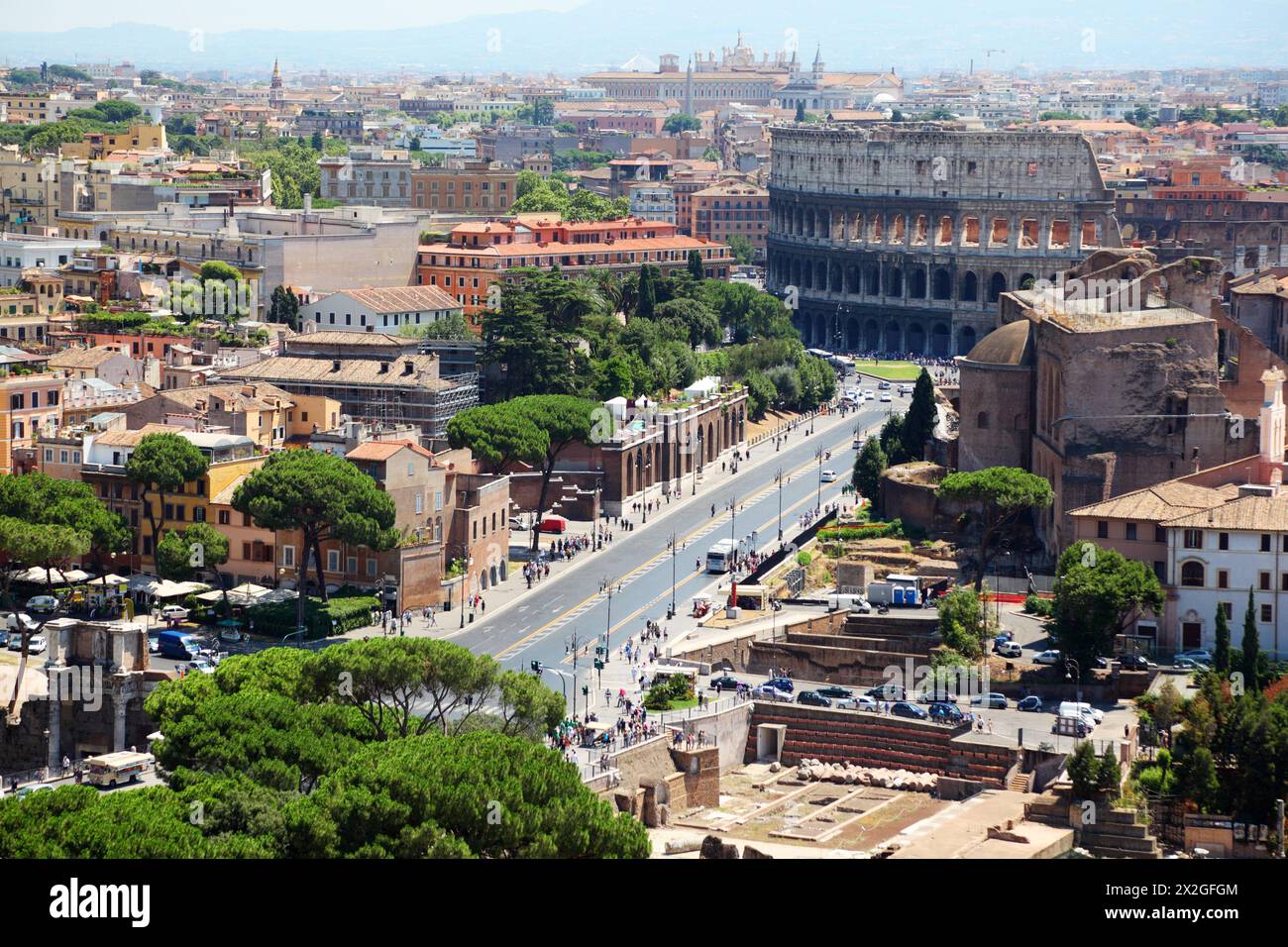 Color panoramic view Rome, Colosseum, catholic basilics and streets and ...