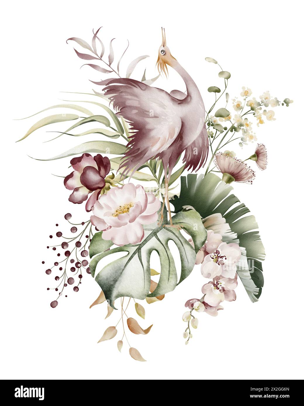 Pink ibis with tropical flowers and leaves. Watercolor illustration of ...