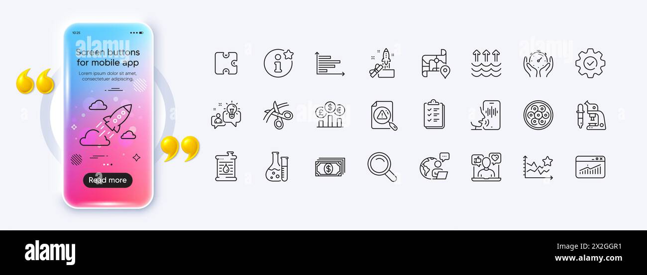 Timer, Checklist and Startup rocket line icons for web app. Pictogram icon. Phone mockup ...
