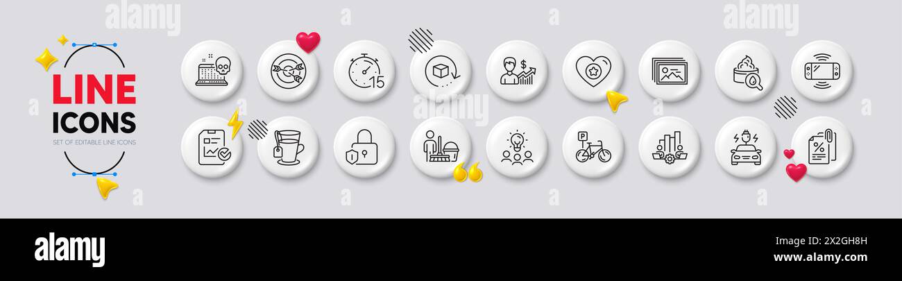 Heart, Timer and Teamwork chart line icons. For web app, printing. White buttons 3d icons ...