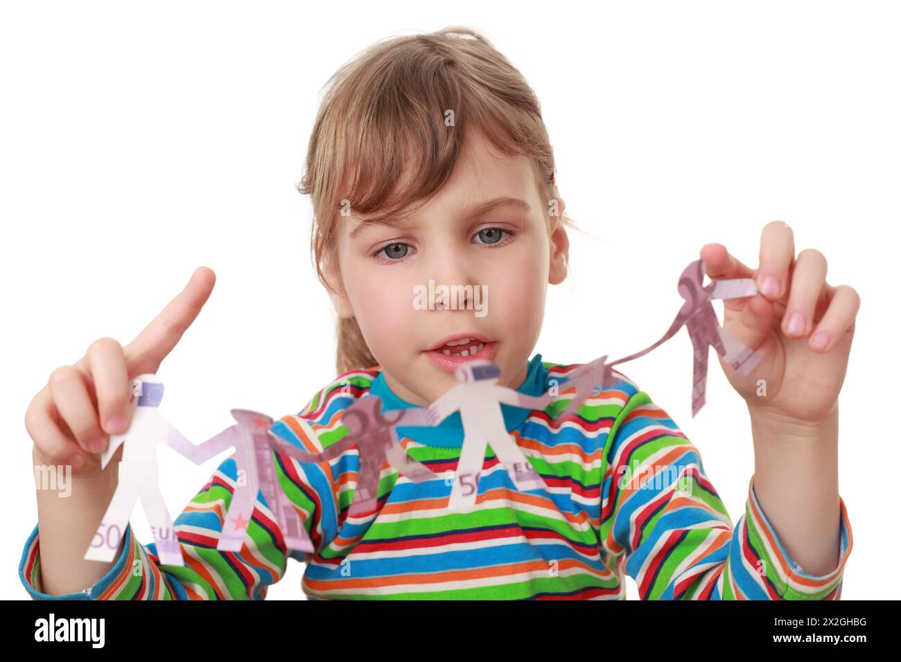 beautiful little girl in striped shirt play with garland of paper ...