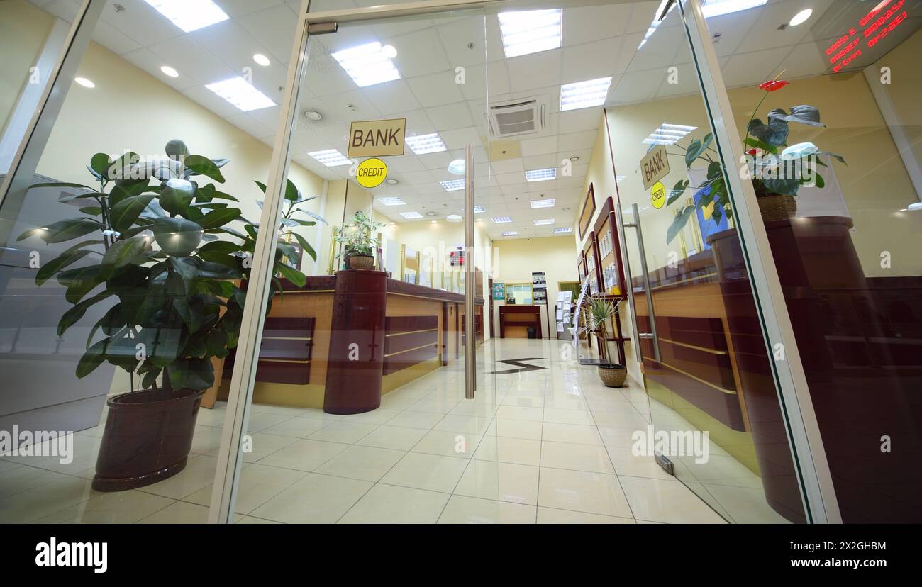 Office entrance area of bank with reception counter; light room Stock ...