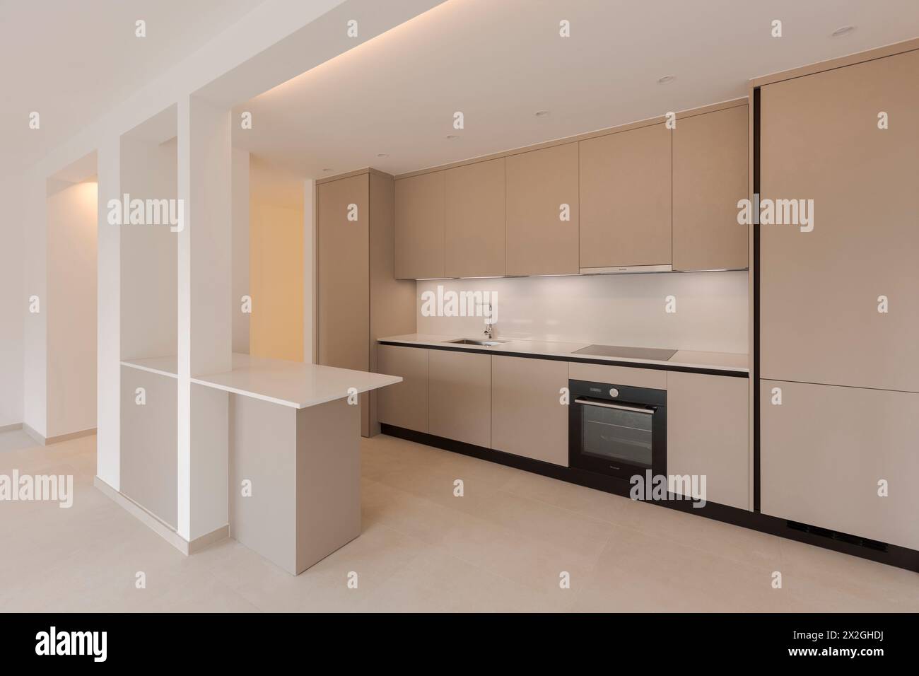 Interior of a new empty modern kitchen in brown beige. Empty flat, no ...