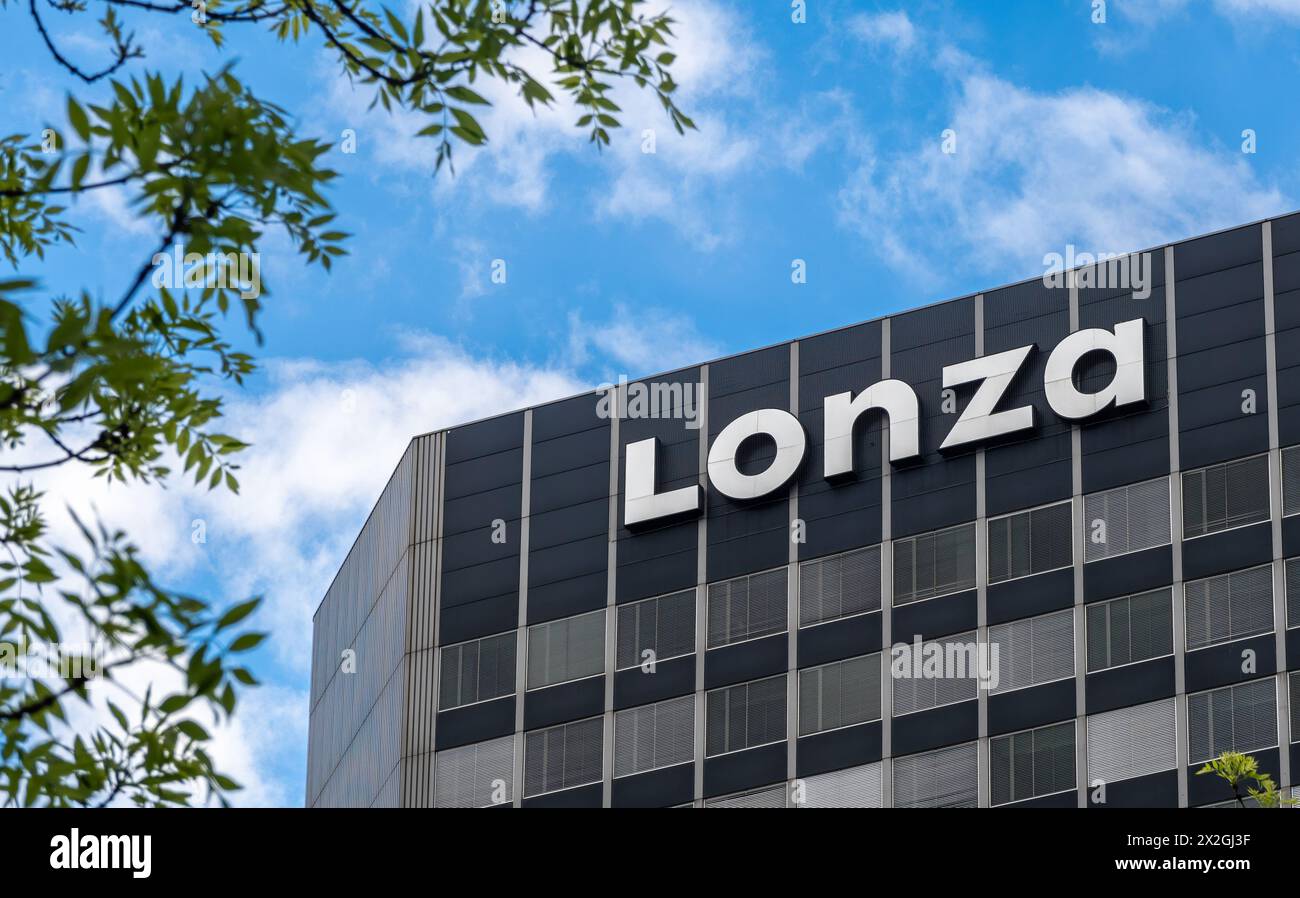 Basel, Switzerland - April 20, 2024: Lonza Group is a Swiss multinational, chemicals and ...