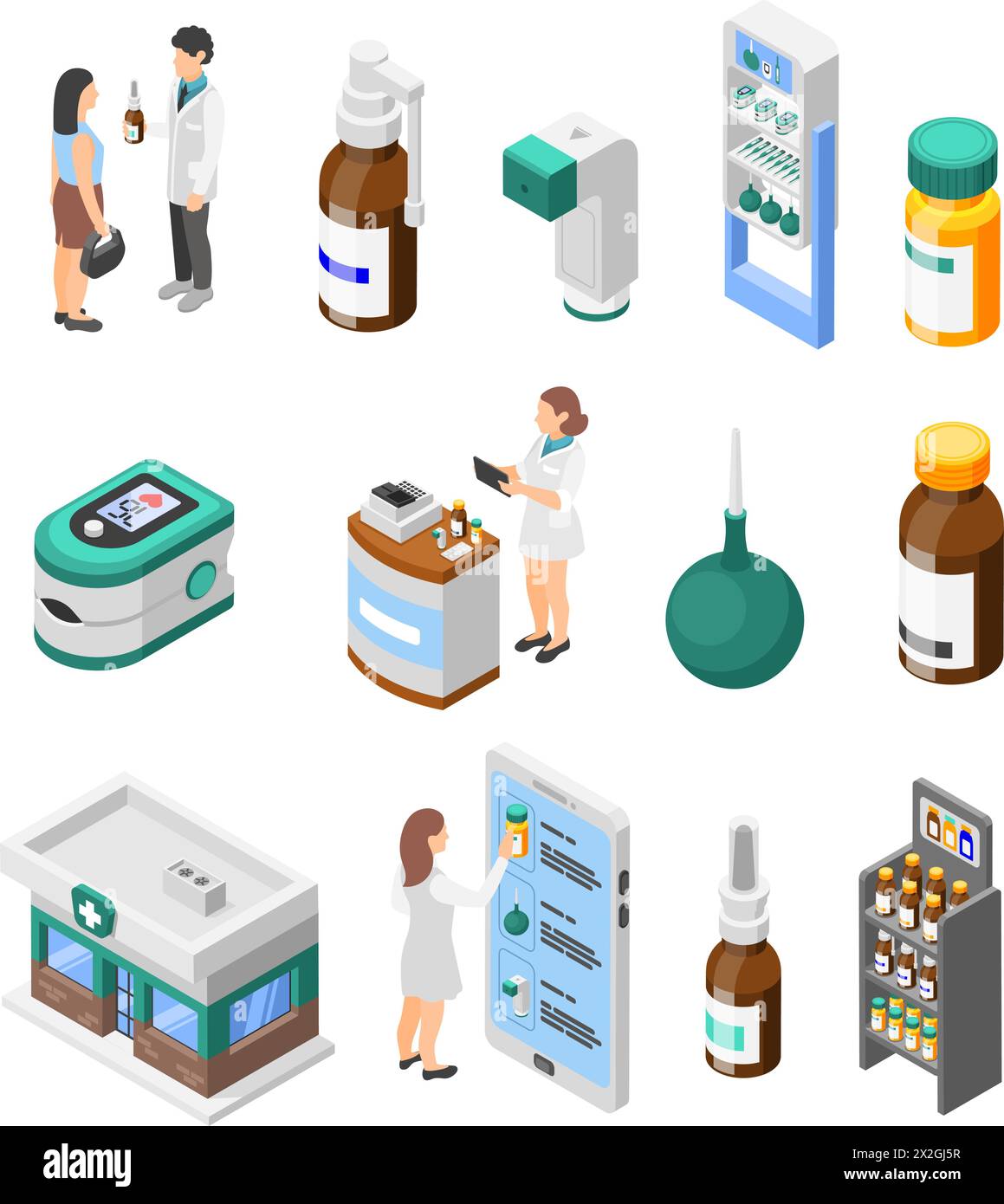 Isometric pharmacy set. Pharmacist and patient, client buy medication ...