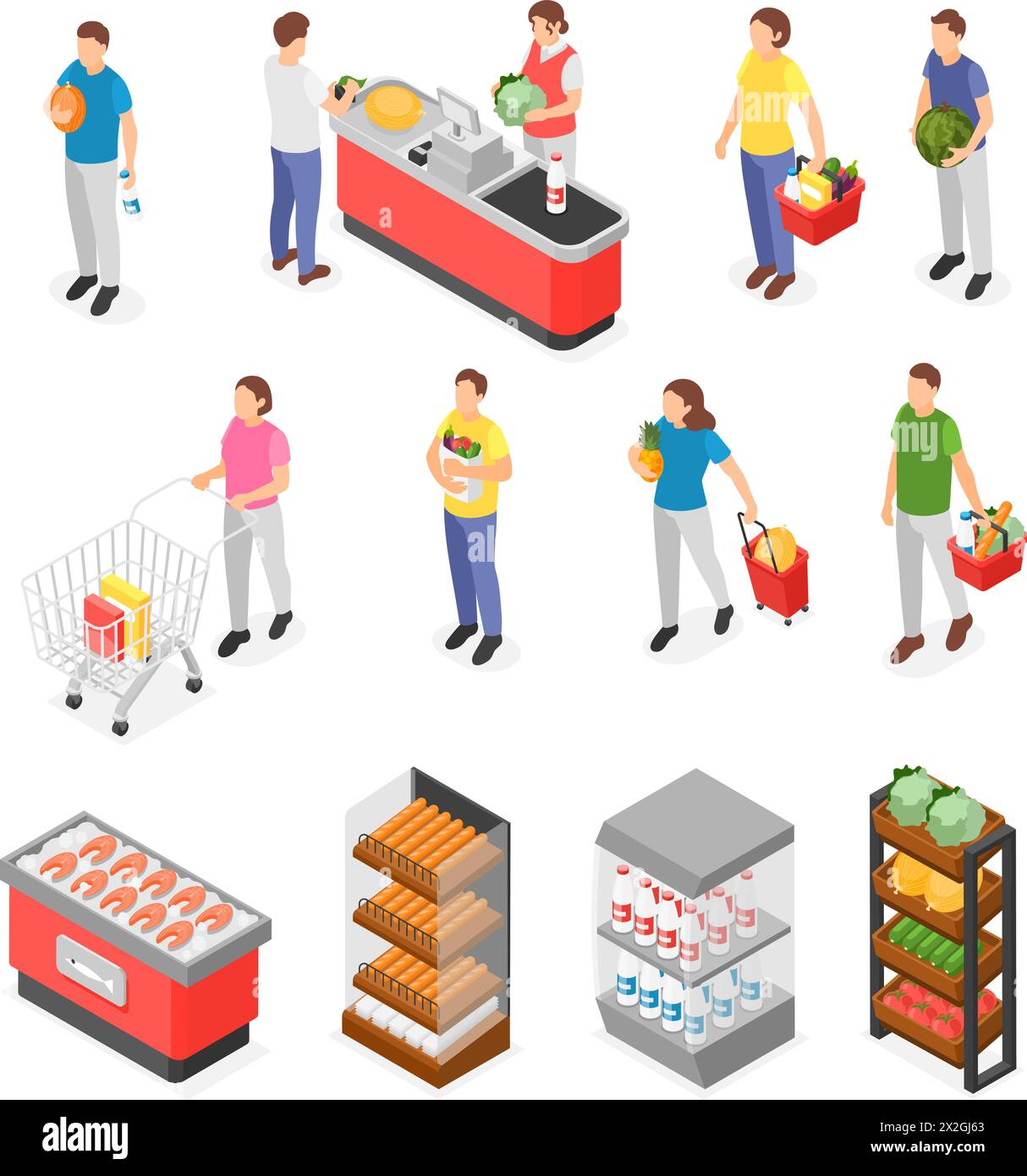 Isometric people on grocery shopping. Market stand with products, with ...