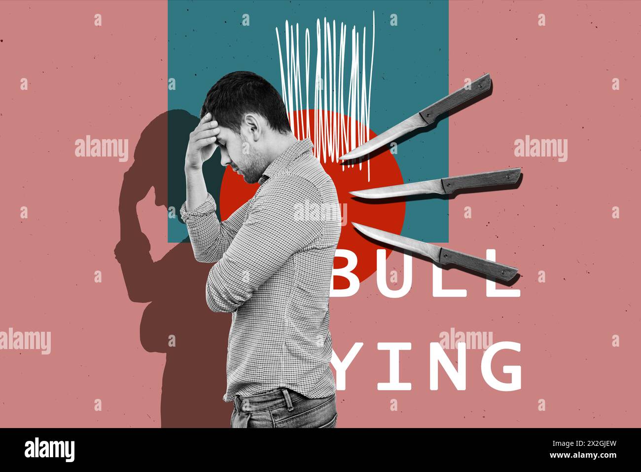 Composite photo collage of upset depressed guy stand back threat knife ...