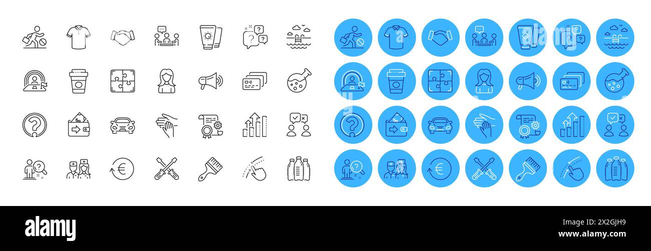 Swimming pool, Search employee and Woman line icons pack. For web app ...