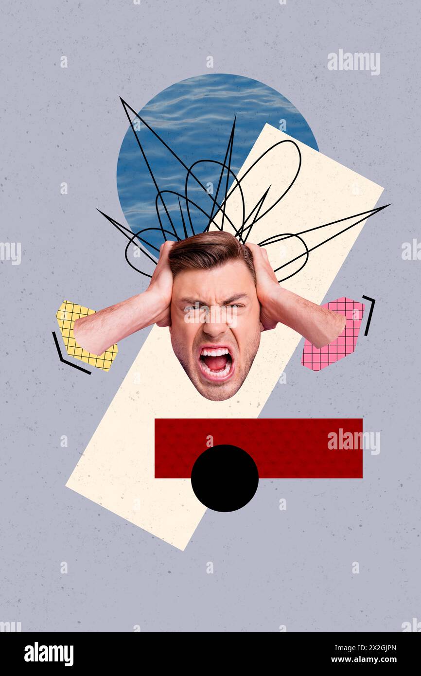 Vertical image collage of young man fail overworked tired scream angry ...