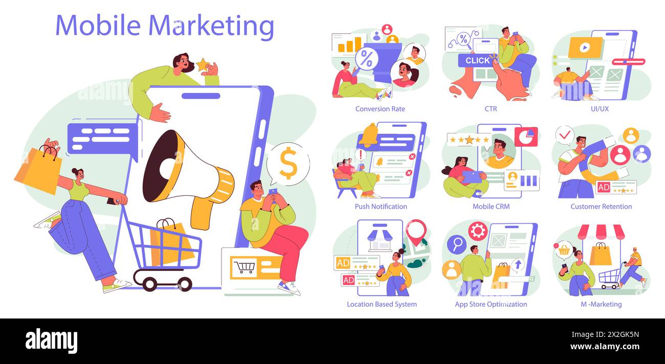Mobile Marketing concept. This illustration presents various aspects of ...