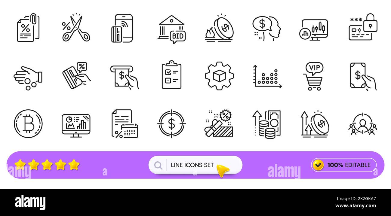 Credit card, Bid offer and Business targeting line icons for web app ...
