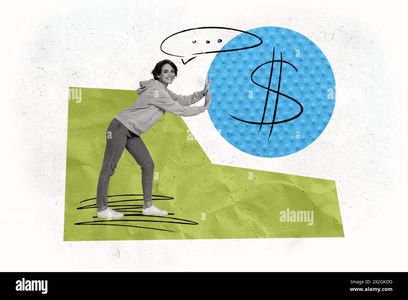 Composite photo collage of happy pretty girl roll fake money coin ...